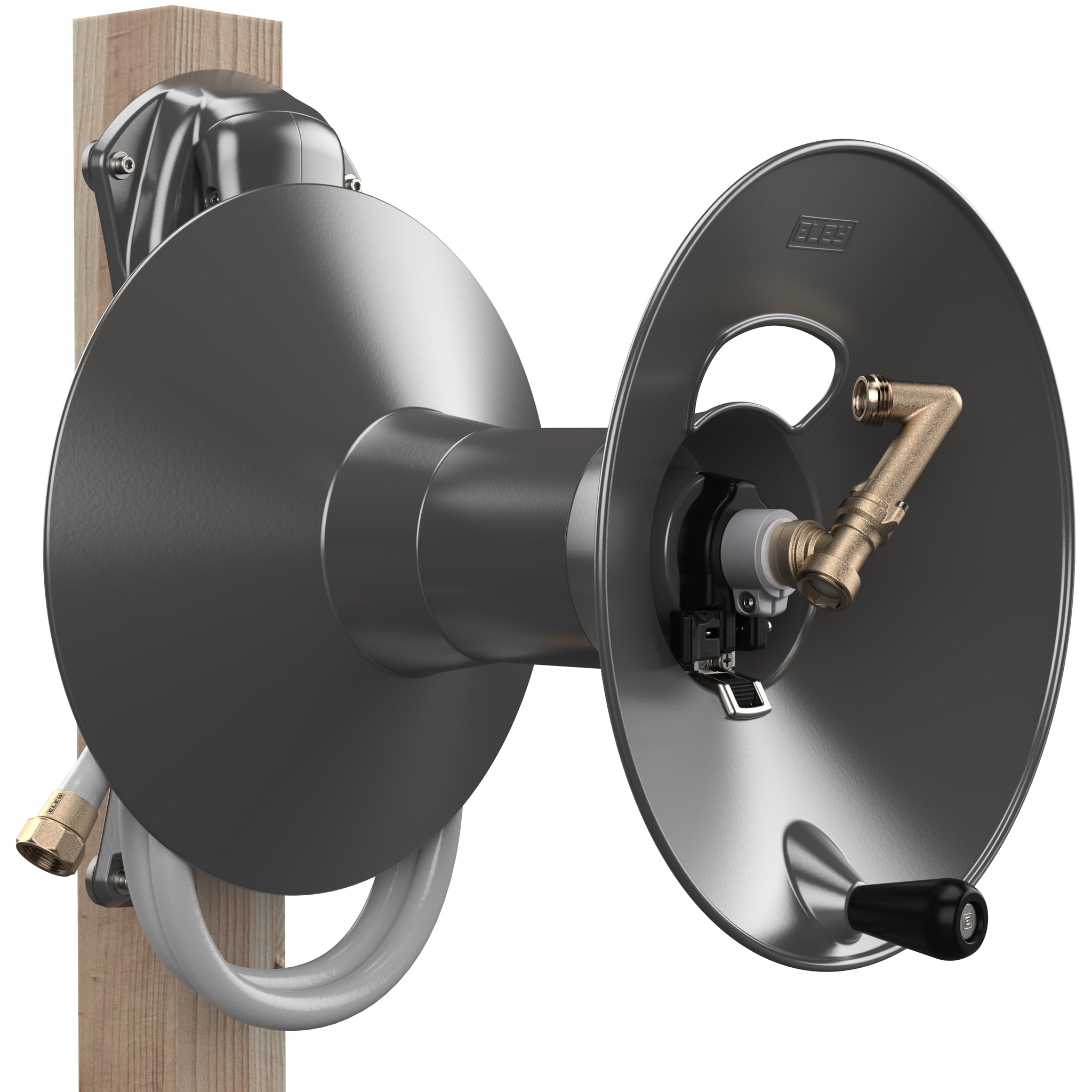 Wood Post Mount Garden Hose Reel | ELEY Hose Reels